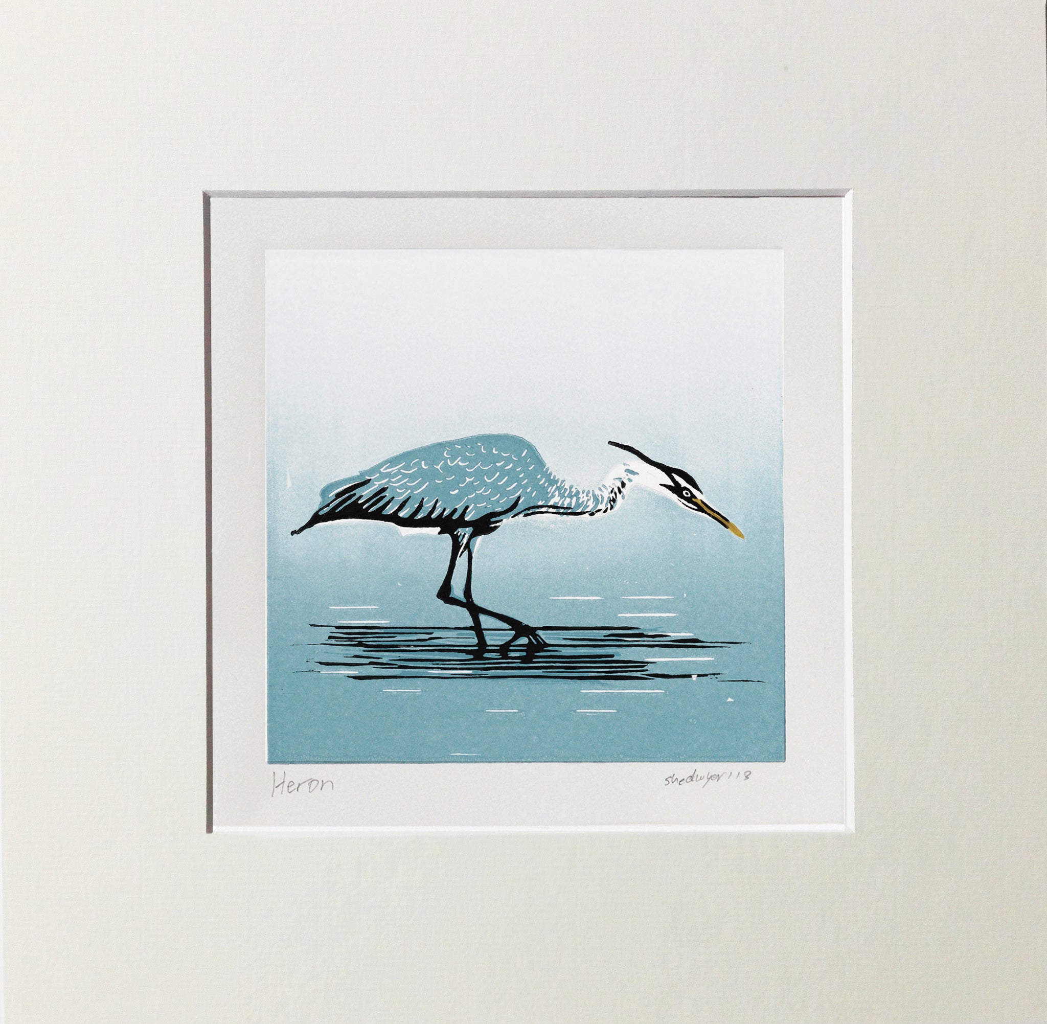 Heron lino print-Birds collection-Linocut Studio